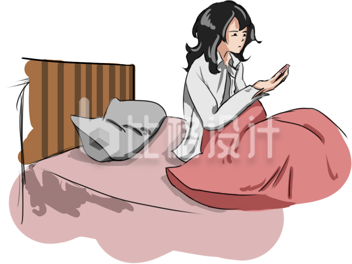 简约卡通床上玩手机女孩插画 比格设计